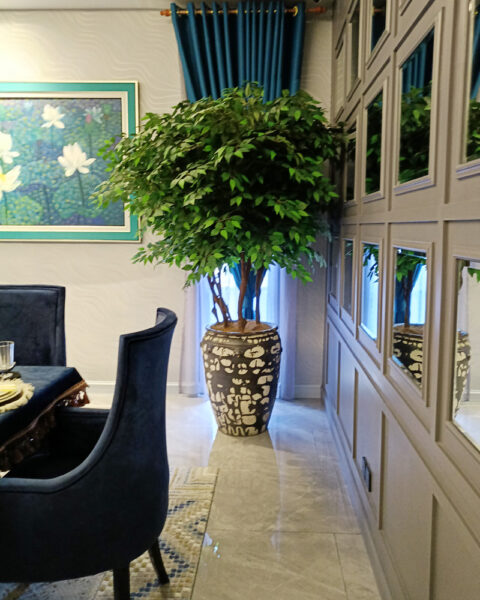 Artificial Ficus & Cherry Blossom Tree In Bulky Pot - EF Decor Studio